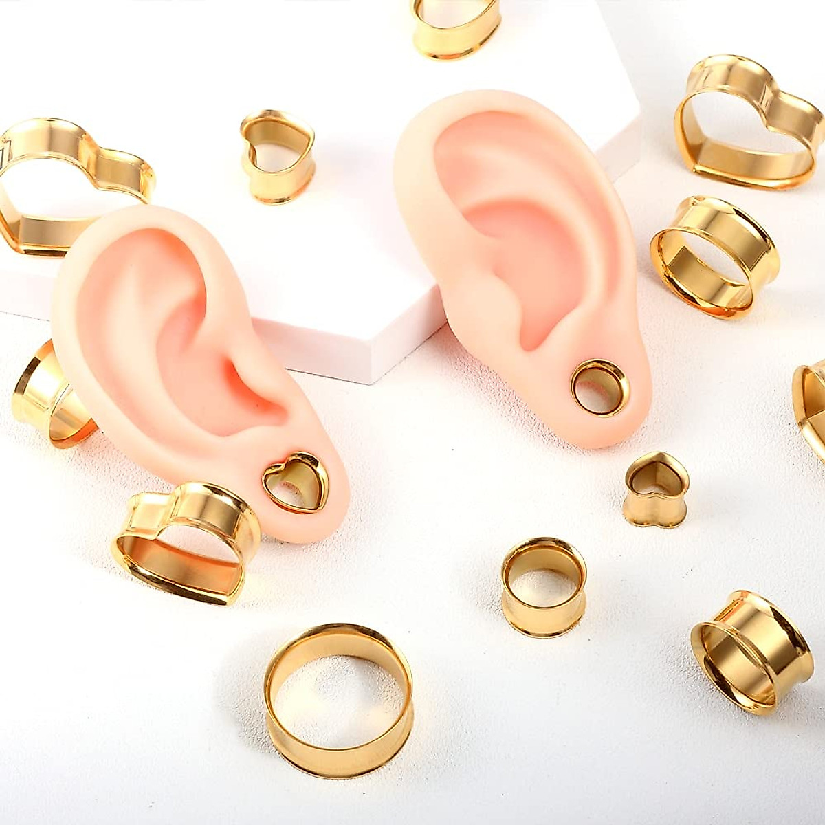 Casvort 4 PCS 12mm (1/2'') Hypoallergenic 316 Stainless Steel Gold Cute Heart Double Flared Ear Gauges Plugs Ear Tunnels Saddle Plugs Body Piercing Jewelry