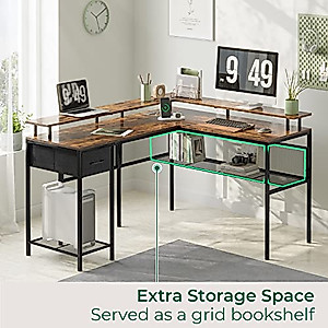 Huuger L Shaped Desk Computer Desk with LED Lights & Power Outlets, Gaming Desk with Storage Shelves, Corner Desk Home Office Desk, Rustic Brown