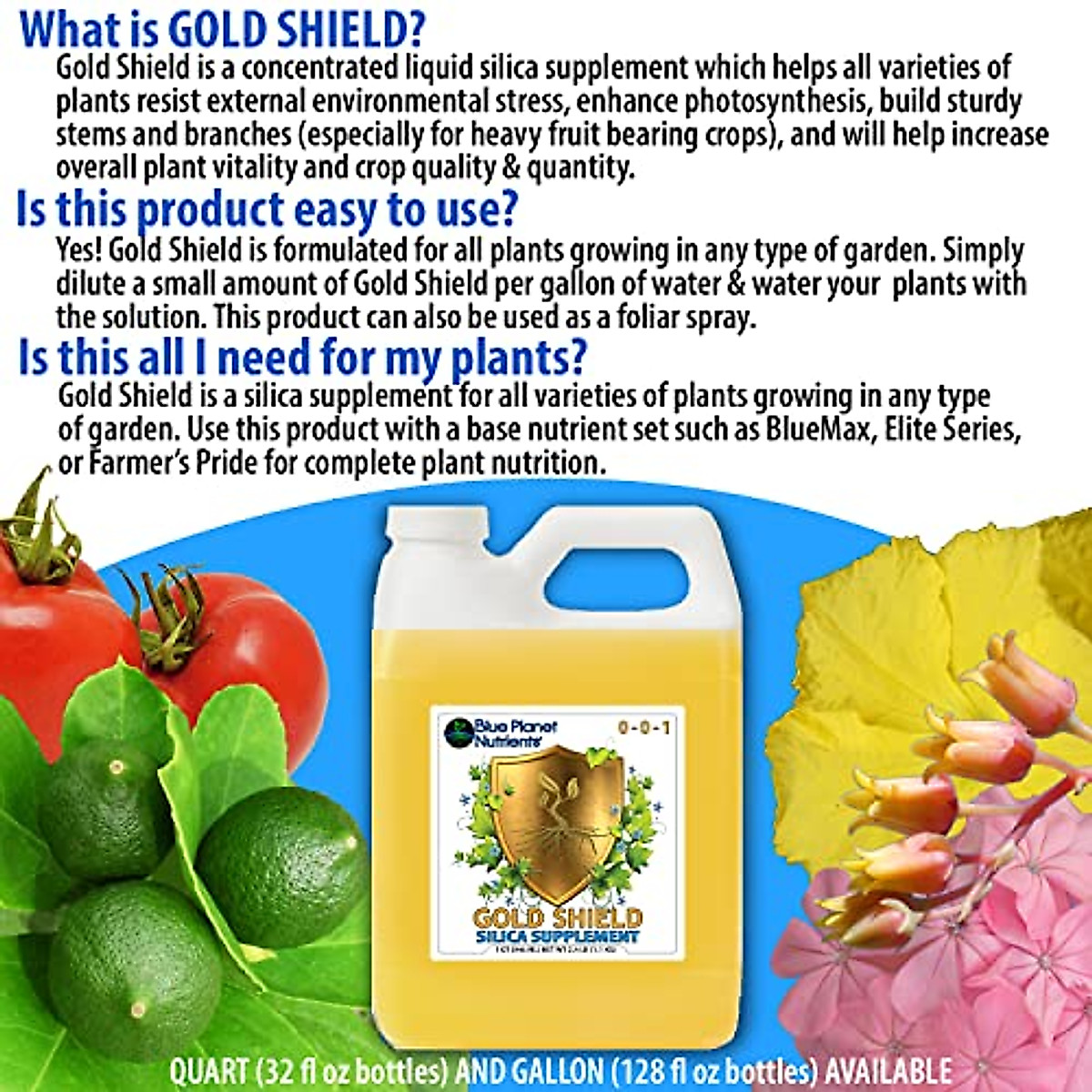 Gold Shield Silica Supplement for Plants (1 Gal/128 oz) Ultra Concentrated | Makes UP to 3,700 GALLONS | for All Plants & Gardens | Strengthen Plants | Blue Planet Nutrients