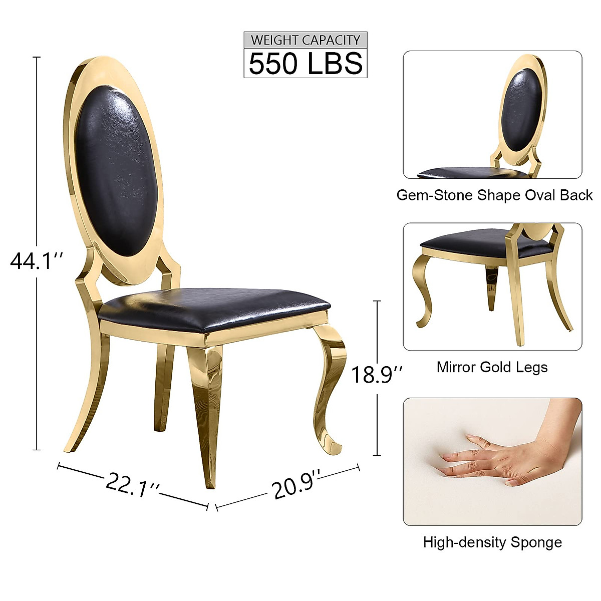 Asday Classic King Louis Black Faux Leather Upholstered Dining Chairs, Luxurious Dining Chairs with Polished Gold Oval Back and Mid-Century Modern Legs (Set of 12)
