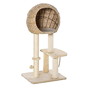 PawHut Cat Tree with Sisal Scratching Post Condo and Hanging Rope 39" H, Beige