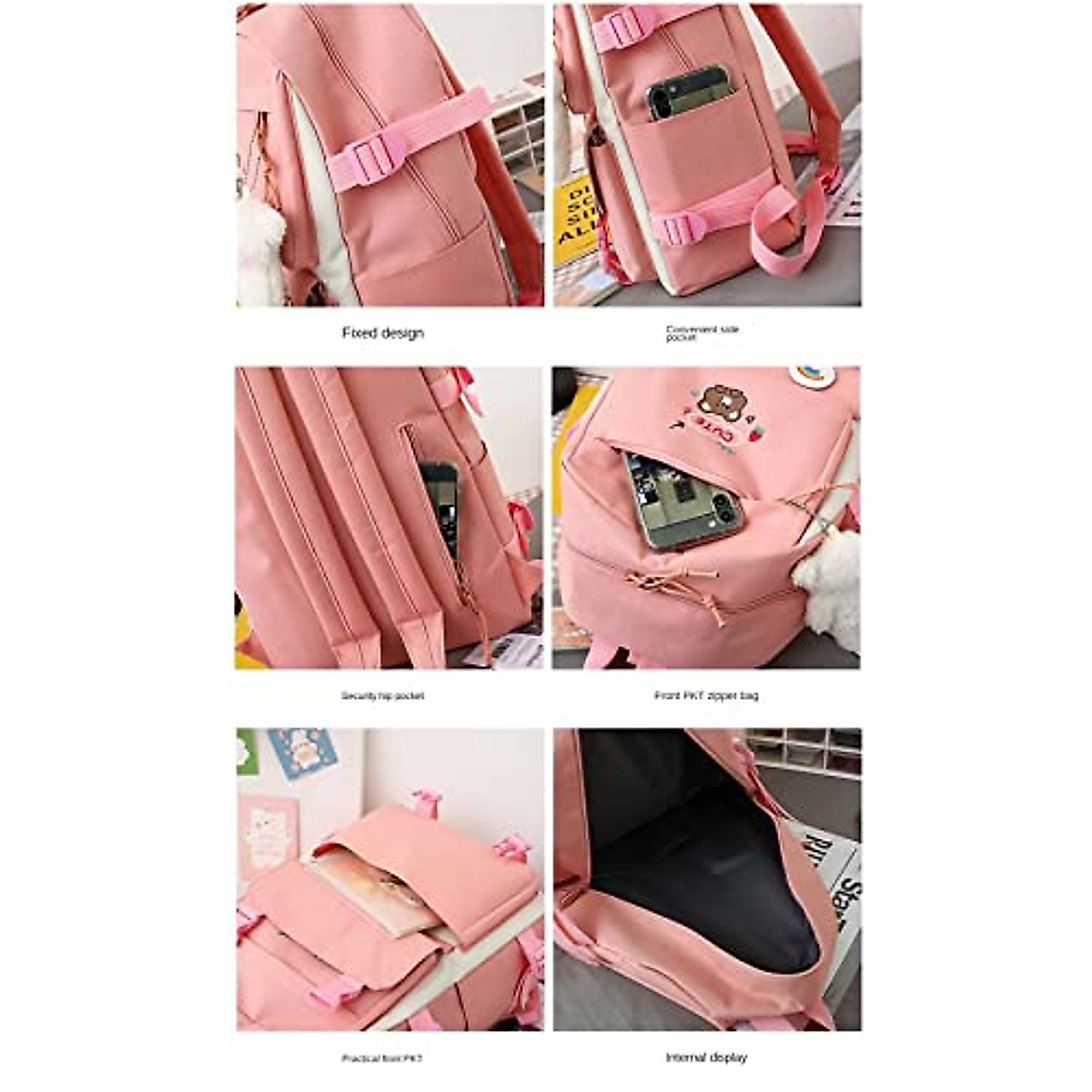 MOJIDUO 5Pcs Set Kawaii Backpack with cute plush Pendants & Badge,19 gallon capacity School Bag Cute Aesthetic Backpack