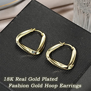 Thick Gold Hoop Earrings for Women,18K Gold Plated Sterling Silver Chunky Hoop Earrings Fashion Geometry Square Earrings Gold Jewelry for Gifts (1-Gold)