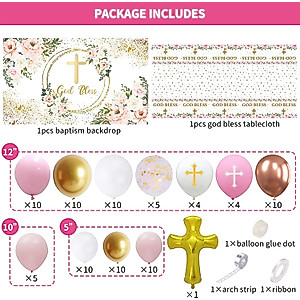 Baptism Decorations for Girls God Bless Party Decorations Floral God Bless Backdrop Banner,Pink Gold Balloon Garland,Cross Balloons Bautizo First Communion Christening Party Decorations,Baby Shower