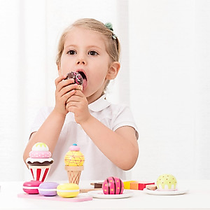 New Classic Toys Wooden Ice Cream Set Pretend Play Toy for Kids Cooking Simulation Educational Toys and Color Perception Toy for Preschool Age Toddlers Boys Girls