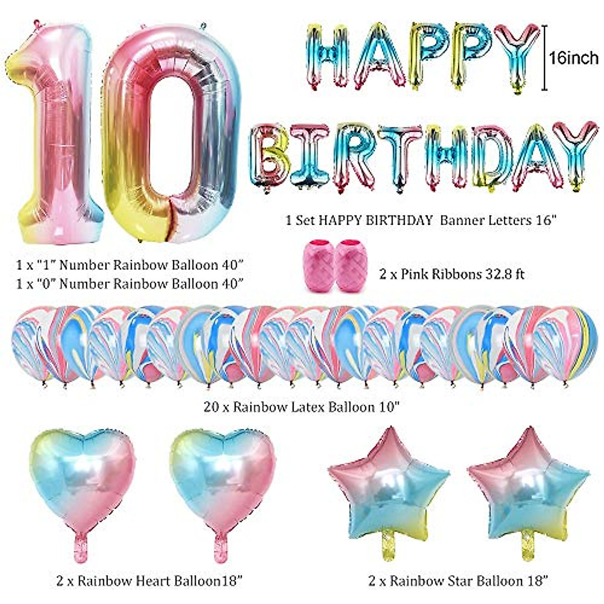 KUNGYO Rainbow 10th Birthday Party Decoration - Girls Birthday Party Supplies Include Happy Birthday Balloon Banner, Giant Number 10 Foil Balloon, Rainbow Star and Heart Balloon, Latex Balloons 28PCS