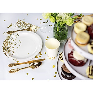 Party Chic 50 Count 7” Inch White and Gold Paper Plates Fancy Paper Plate Dessert Plates New Years Disposable Plates 50th Anniversary Thanksgiving Christmas Holiday