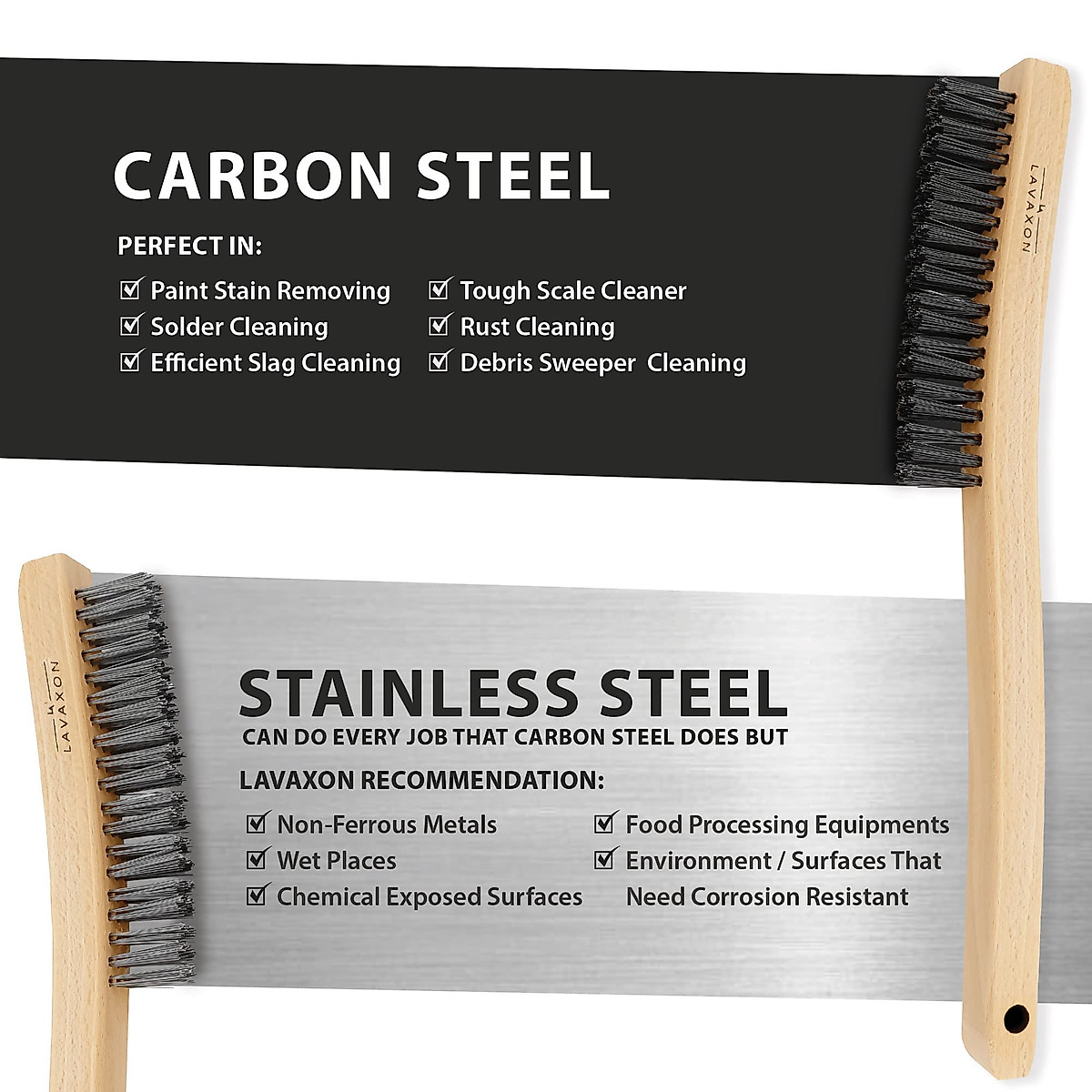 Lavaxon Wire Brush Set-Heavy Duty Stainless & Carbon Steel Bristles with Wood Handle Grip for Rust, Wielding Slag, Dirt & Paint Scrubbing with Deep Cleaning – 14 Inches (Pack of 2)
