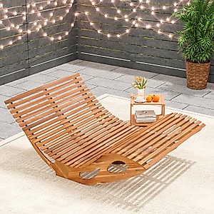 HAPPYGRILL Outdoor Acacia Wood Double Chaise Lounge, Rocking Chair with High Back, Slatted Seat, Stopper, Outside Wood Rocker for 2, 440 Lbs Capacity Sun Lounger Loveseat
