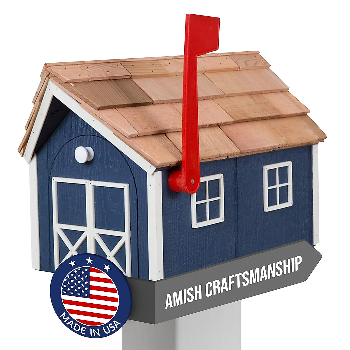 Peaceful Classics Amish Cedar Roof Wooden Mailbox with Window & Door Trim, Mailboxes for Outside, Handcrafted Outside Mailboxes, Post Mount Residential Mailboxes - (Navy with White Trim)