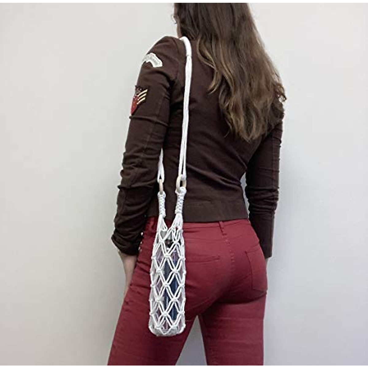 MorVin Macrame Water Bottle Carrier - Eco-Friendly 100% Cotton Water Bottle Bag - Long Strap Boho Bottle Bag - Wine Bottle Carrier - Hands Free Bag for Hiking, Cycling, Fitness - Wine Accessories