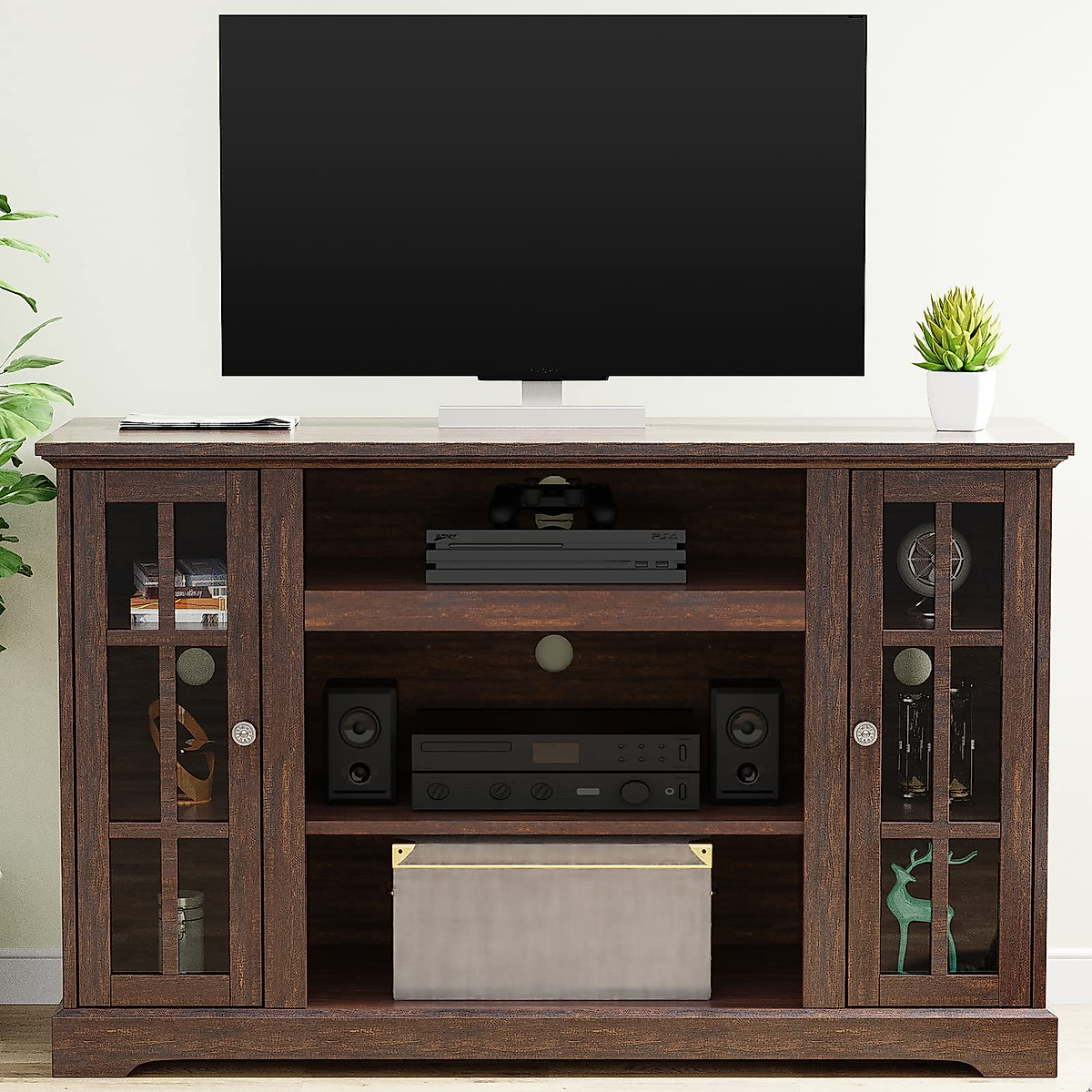 HolliWill 48" Glass Door TV Stand, Farmhouse TV Stand for 55 inch TV, Modern TV Console with Storage Cabinet, Small Entertainment Center and Ideal Media Storage for Living Room,Brown
