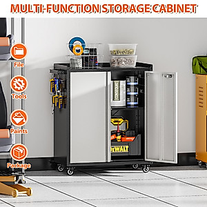 Aobabo 31.5" H Metal Storage Cabinet with Wheels, Locking Steel Rolling Tools Chest with Handle, Garage Tool Storage Cabinet with 1 Shelves 2 Side Pegboards and 4 Hooks,Assembly Required, Black Grey