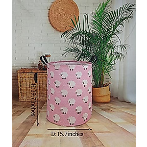 VAIVUSTO Round Laundry Basket, Waterproof Canvas Large Clothes Basket Laundry Hamper with Handles,Cute Cartoon Kids Nursery Hamper for Girls Room,Toy Storage (Pink Sheep)
