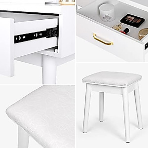 SMOOL Vanity Desk with Lighted Mirror - Vanity Table Makeup Vanity with Lights, 3 Color Lighting Modes Adjustable Brightness, 4 Drawers Makeup Table with Soft Cushioned Stool for Bedroom Studio, White