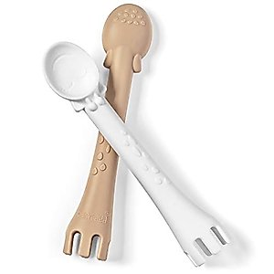 BabyGaga Baby Spoon and Fork (Set of Two), First Training Self Feed Baby Utensils, BPA Free Training Spoon for Baby Led Weaning, 100% Food Grade Silicone Spoon and Fork for Toddler