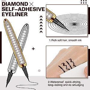 12 Pieces Self Adhesive Eyeliner 2 in 1 Eye Liner Pen Diamond Liquid Eyeliner No Glue No Magnetic Eyeliner Waterproof Lasting for Women Girls Eye Makeup False Eyelashes Gift, Black