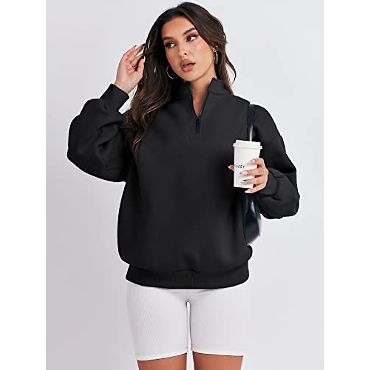 ANRABESS Womens Hoodies Oversized Half Zip Pullover Long Sleeve Sweatshirts Comfy Fleece Quarter Zip Trendy Cropped Outfits Teen Girls Fall Y2K Tops Basic Clothes 1018heise-L Black