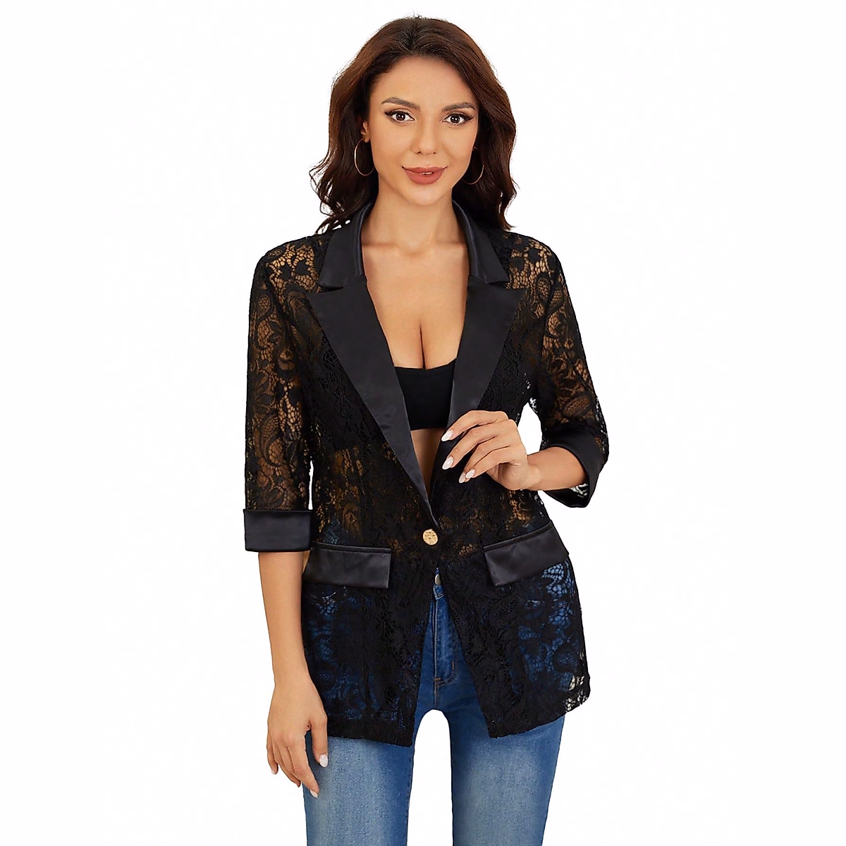 WDIRARA Women's Floral Lace Mesh One Button Lapel Neck Long Sleeve Elegant Jacket Blazer Black Mid Sleeve M