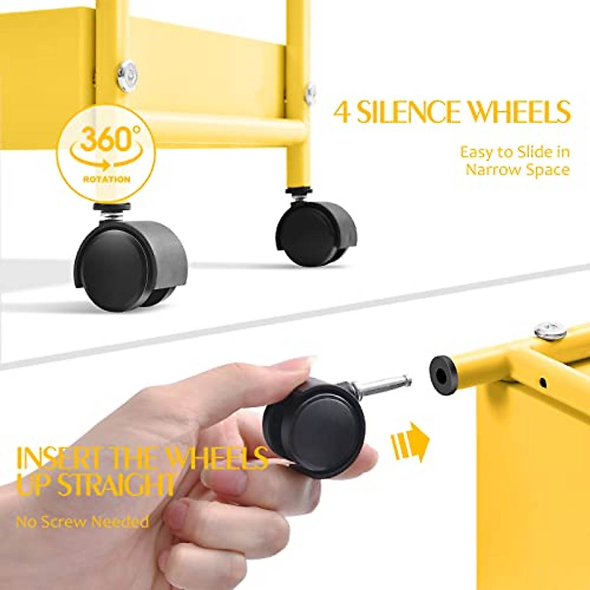 KINGRACK Slim Storage Cart,3-Tier Metal Utility Rolling Cart with Lockable Wheels, Storage Craft Art Cart Trolley Organizer Serving Cart for Bathroom, Living Room, Kids' Room, Classroom,Yellow