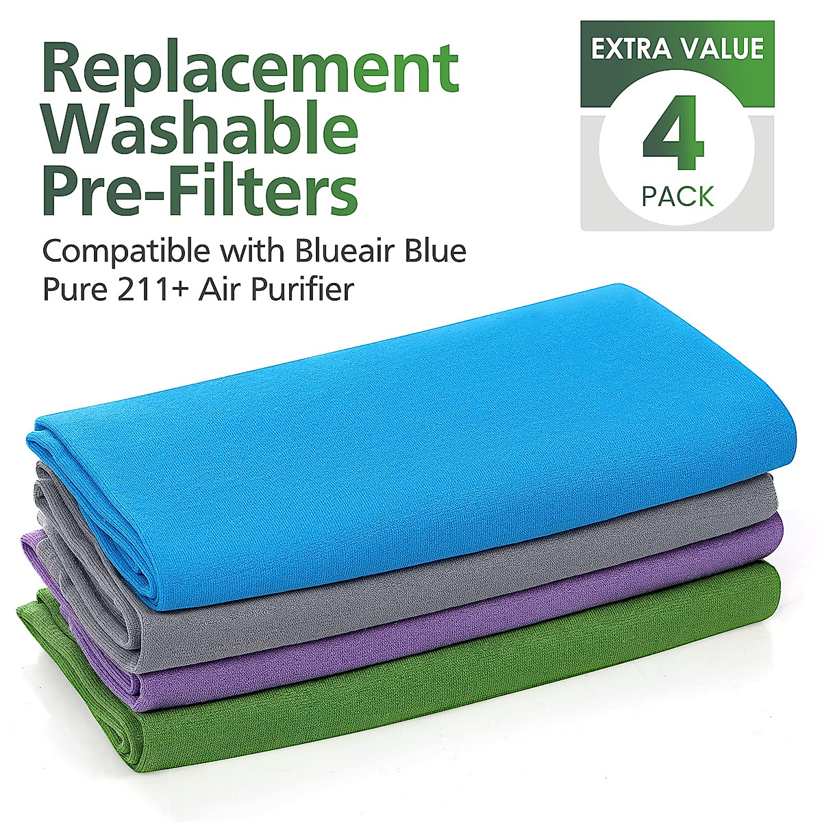 isinlive 4 Pack Replacement Washable Pre-Filters Compatible with Blueair Blue Pure 211+ Air Purifier, Removes Pollen, Dust, Pet Dander and Other Airborne Particles（Blue, Grey, Green, Purple)