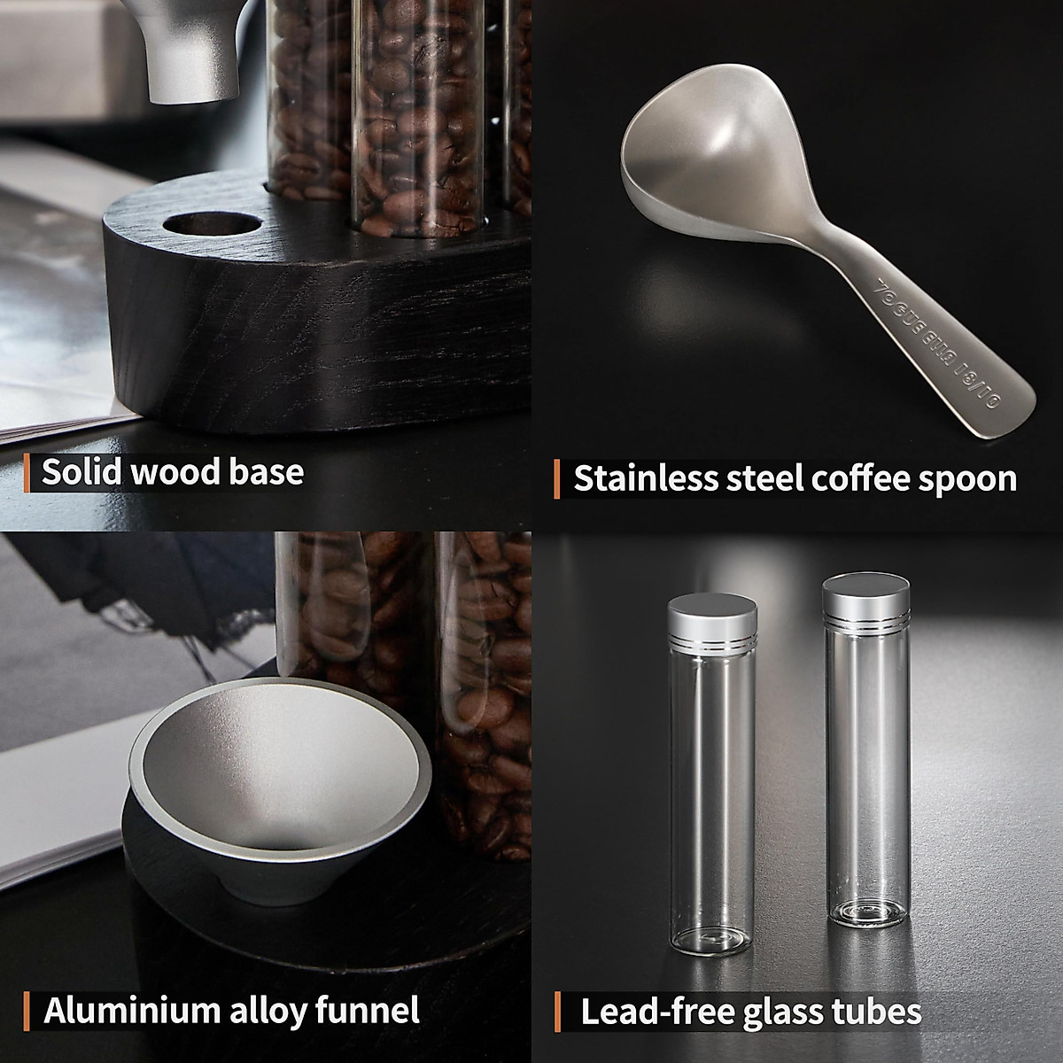 Coosigar Coffee Bean Container, Single Dose Coffee Bean Storage,10PCS Coffee bean cellar container with black wooden stand and funnel coffee spoon.(Black wood+Silver lids)
