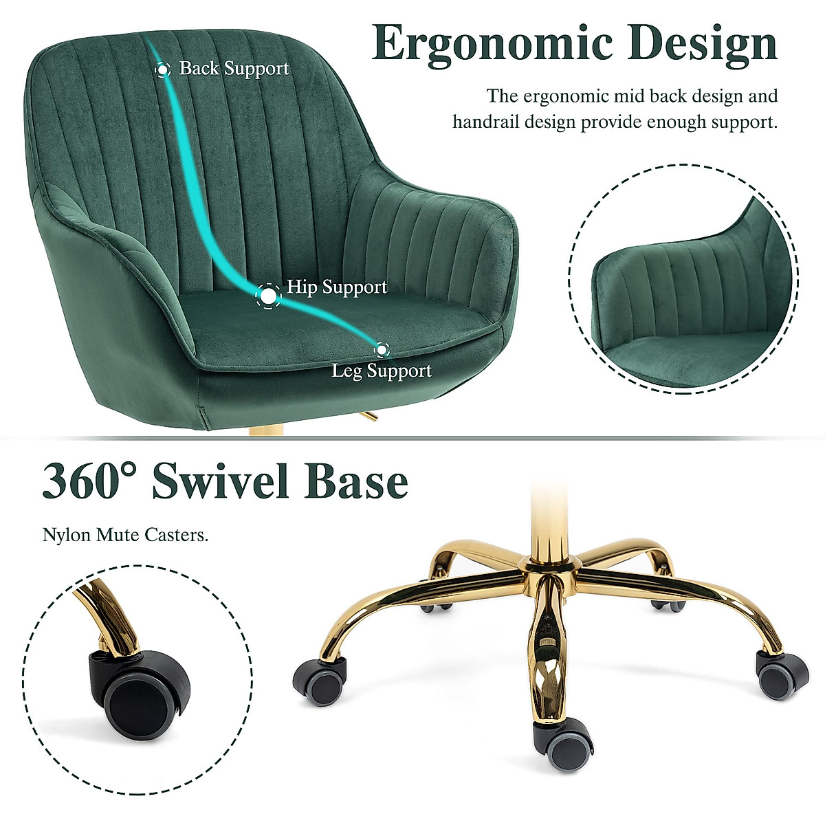 NORDICANA 360° Home Office Chair Ergonomic Task Chair, Swivel Desk Chair, Upholstered Velvet Computer Chair, Gold Metal Base, Dark Green