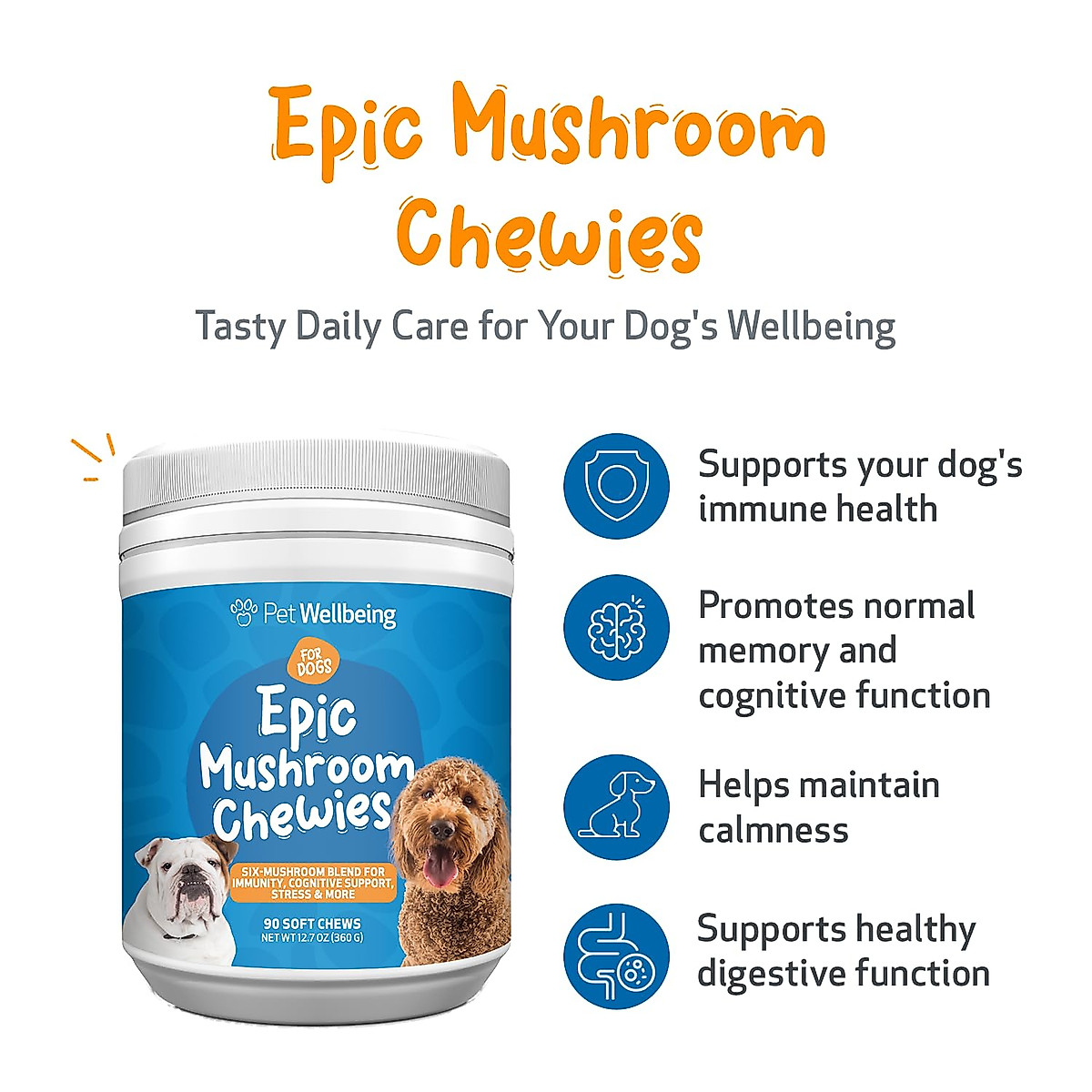 Pet Wellbeing Epic Mushroom Chewies for Dogs - Vet-Formulated - Immune Support, Cognitive Health, Adaptogenic Stress Support with Reishi, Chaga, Lion's Mane Medicinal Mushrooms - 90 Soft Chews