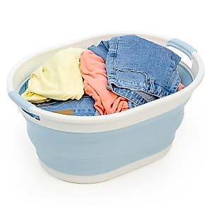 SAMMART 28L (7.4Gallons) Collapsible Plastic Laundry Basket - Oval Tub/Basket - Foldable Storage Container/Organizer - Portable Washing Tub - Space Saving Laundry Hamper (1, Grey/Sterling Blue)
