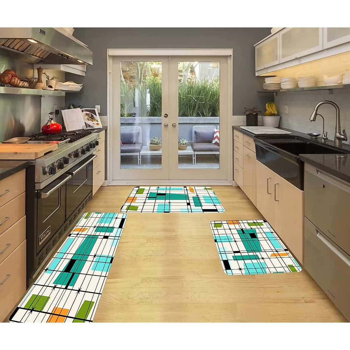 Mid Century Modern Kitchen Rug Sets 3 Piece Midcentury Retro Grid and Starbursts Orange Geometric Cushioned Floor Mats Washable Doormat Anti Fatigue Non-Slip Kitchen Runner Rugs Bedroom Area Carpet