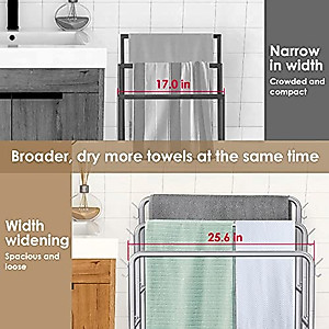 40" H Standing Towel Rack with 2 Storage Baskets & 6 Hooks, 3 Tier Silver Metal Towel Holder for Extra Large Towel, Modern Industrial Blanket Ladder Display and Drying Rack for Bedroom Bathroom