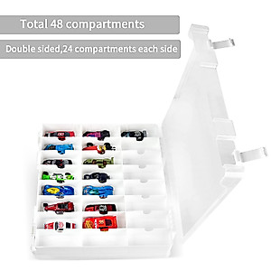 ALCYON Double Sided Toy Storage Organizer Case for Hot Wheels Car, for Matchbox Cars, for Mini Toys, for Small Dolls. Carrying Box Container Carrier with 48 Compartments - Upgrade (Box Only)