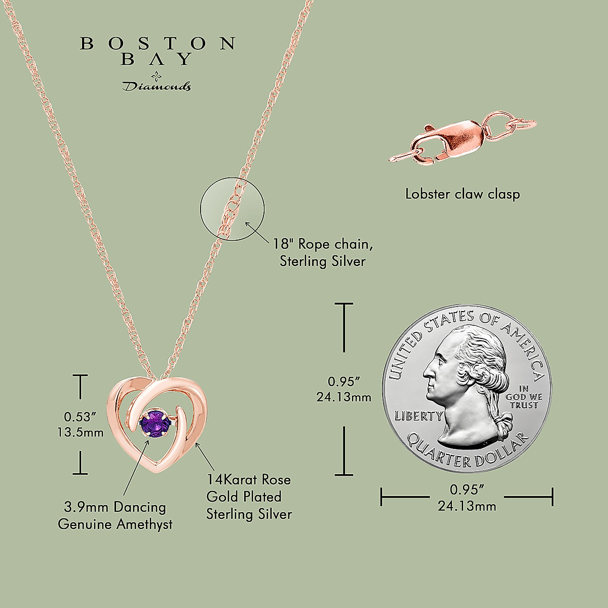 Boston Bay Diamonds 14K Rose Gold Plated .925 Sterling Silver & Amethyst Heart Swirl Brilliance in Motion Gemstone Pendant Necklace with Rope Chain - 18”