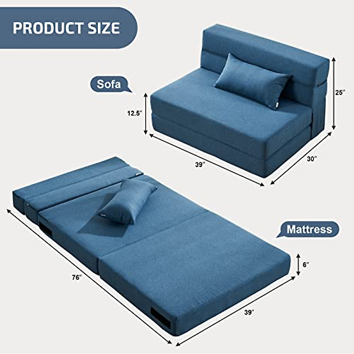SUYOLS Folding Sofa Bed with Pillow - Convertible Chair Floor Couch & Sleeping Mattress - Foldable Memory Foam Sleeper for Living Room/Dorm/Guest Room/Home Office/Apartment/Upstairs Loft, Light Blue