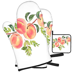 Moslion Peach Oven Mitts and Potholders Watercolor Painting Art Summer Time Fresh Fruits Green Leaves Outdoor BBQ Gloves-Oven Mitts Pot Holders Cooking Gloves for Cooking Baking Grilling