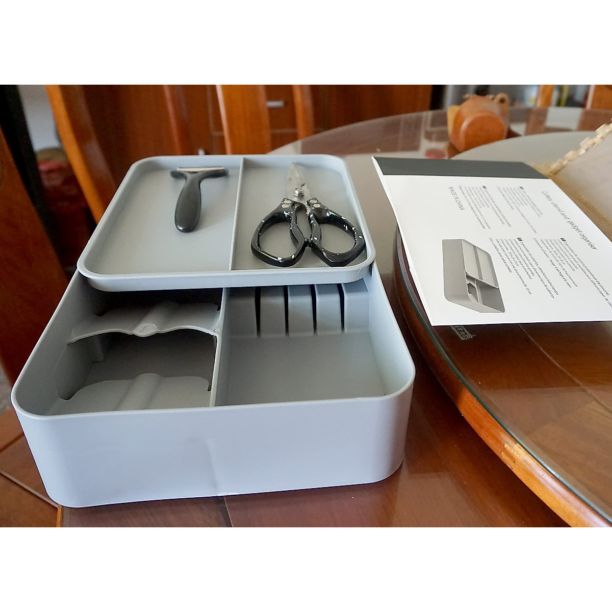 Toosbuc Kitchen Utensil Drawer Organizer 2-Tier Tray knife holder drawer & Silverware Flatware Cutlery Organizer Tray (Stackable-grey)