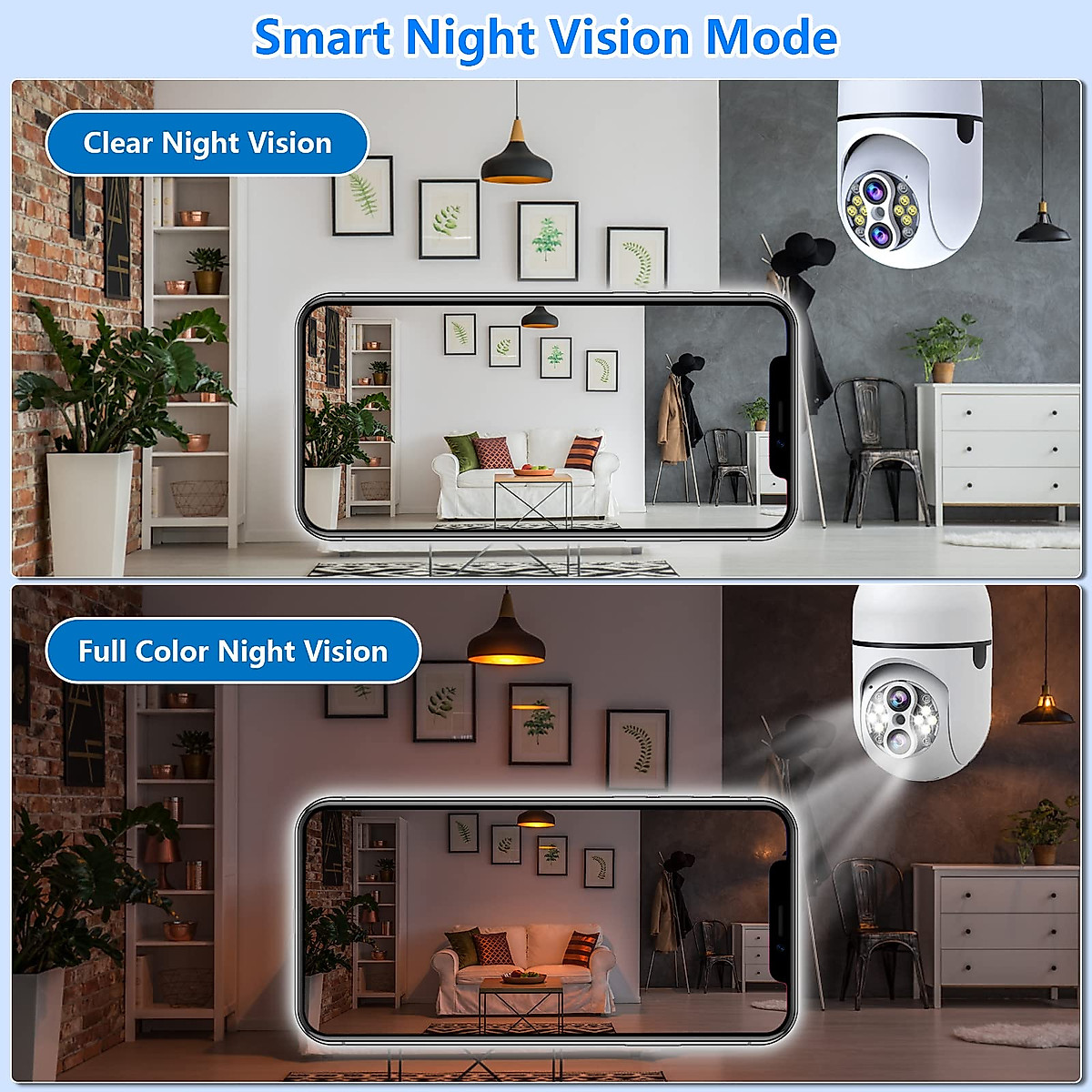 Light Bulb Security Camera, Upgrade 10X Digital Zoom Light Bulb Camera, WiFi Dual Lens Indoor Outdoor Light Socket Security Camera with APP/Color Night Vision/Motion Tracking/Two-Way Audio