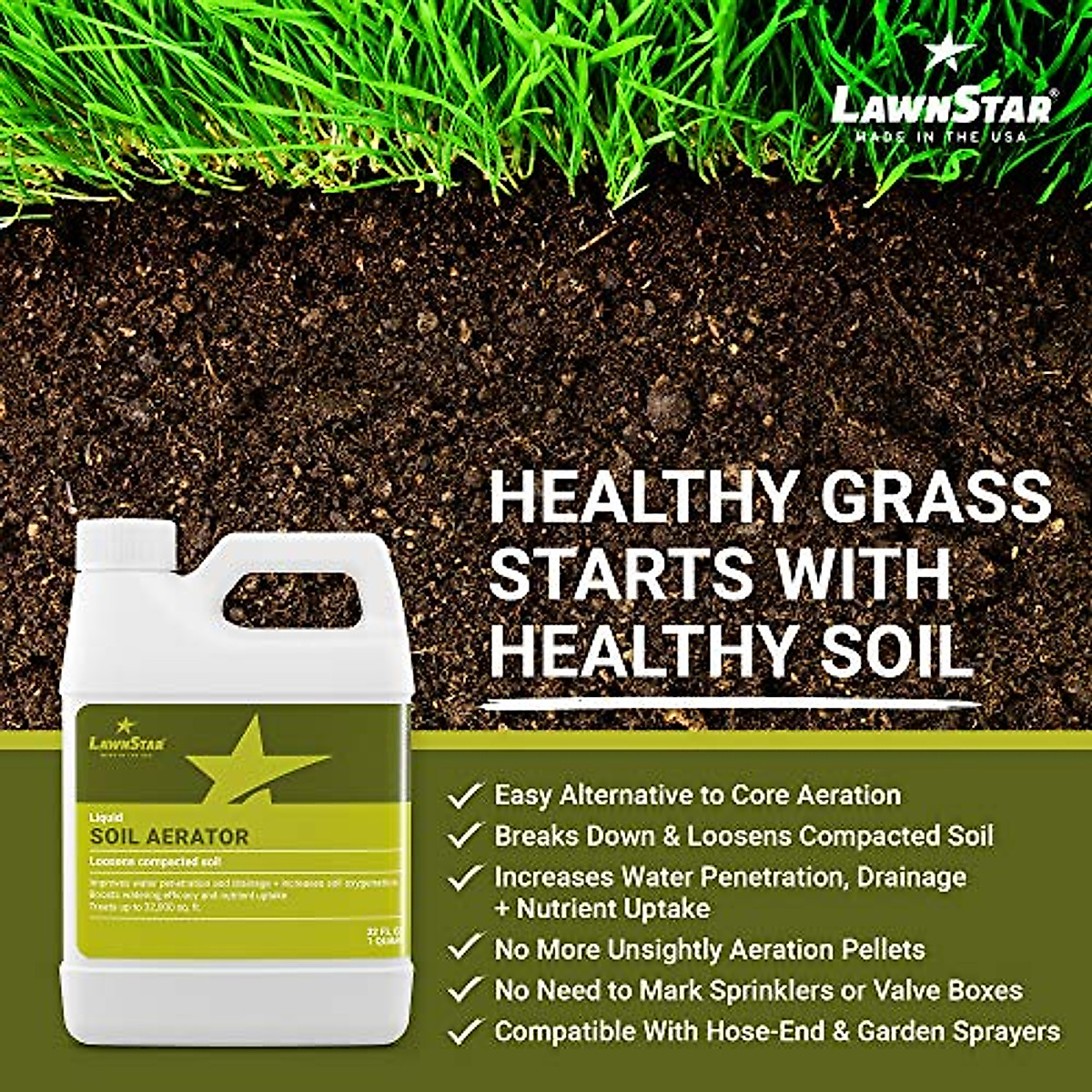 Liquid Lawn Aerator (32 fl oz) - Loosens & Conditions Compacted Soil - Alternative to Core and Mechanical Aeration - Improves Water Penetration & Drainage + Soil Oxygenation - American Made