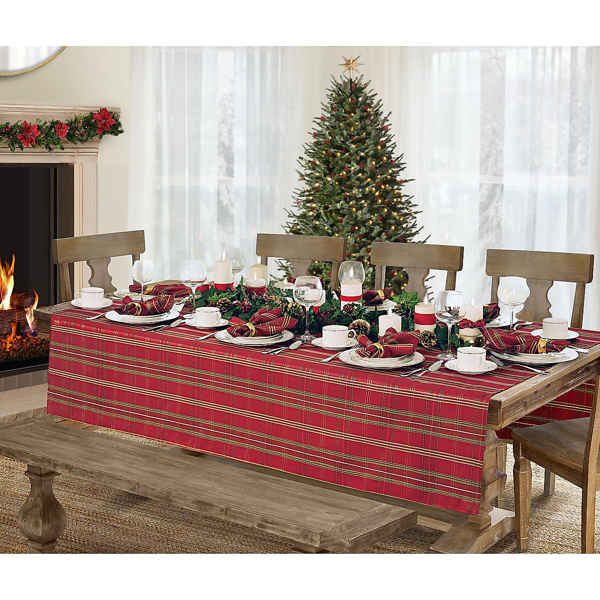 Elrene Home Fashions Shimmering Plaid Holiday Fabric Tablecloth, 52" x 52", Red