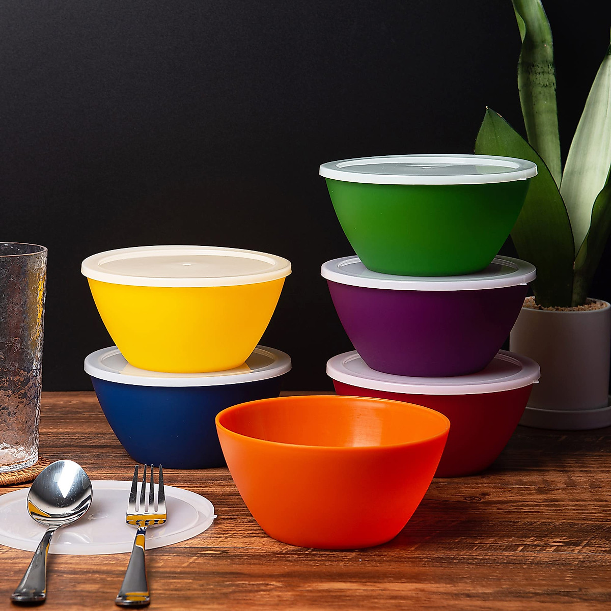 KX-WARE Plastic Bowls with Lids set of 6 - Unbreakable and Reusable 6-inch Plastic Cereal/Soup/Salad Bowls Multicolor, Microwave/Dishwasher Safe, BPA Free