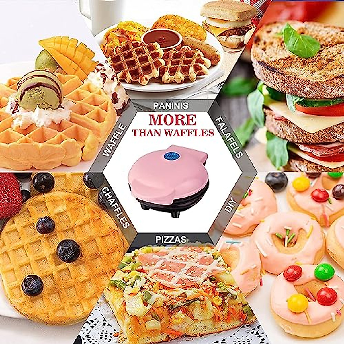 Mini Maker Waffle Maker 5“ Non-Stick Waffler Iron Stuffler Stuffed Wafflera Adjustable Browning Control, Heart, Pink