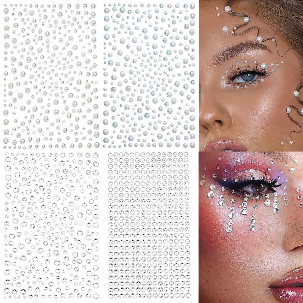 2116 pcs Self Adhesive Rhinestones and Pearls for Makeup Eyes Face 6 Sheets Clear Rhinestones Stickers Pearl Stickers Bling Gems Jewels Stickers for DIY (Sparkling)