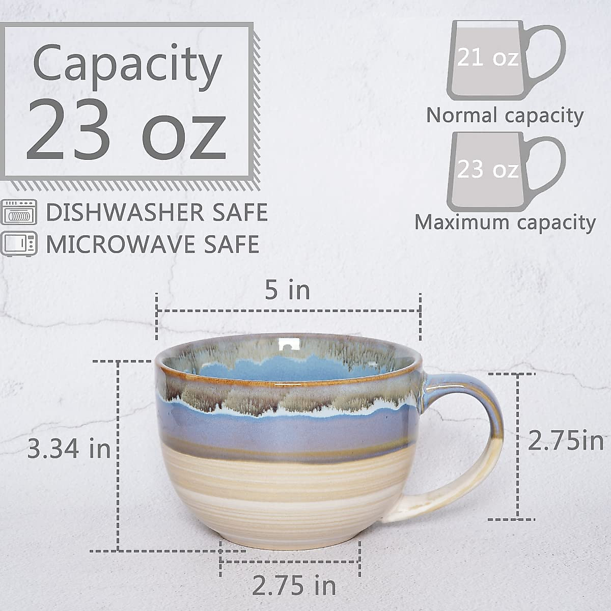 Bosmarlin Ceramic Jumbo Coffee Mug Set of 2, 23 Oz, Large Mug Soup Bowls with Handles, Dishwasher and Microwave Safe (Blue)