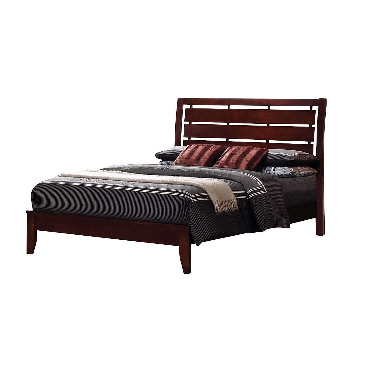 Benjara Transitional California King Size Wooden Bed with Slatted Headboard, Brown