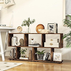 Tangkula 2 Tier Geometric Bookshelf, Freestanding Wood Display Shelf, Home Office Décor Room Divider S Shaped Open Bookcase, Small Bookshelf for Small Spaces, Living Room, Study (Coffee, 1)