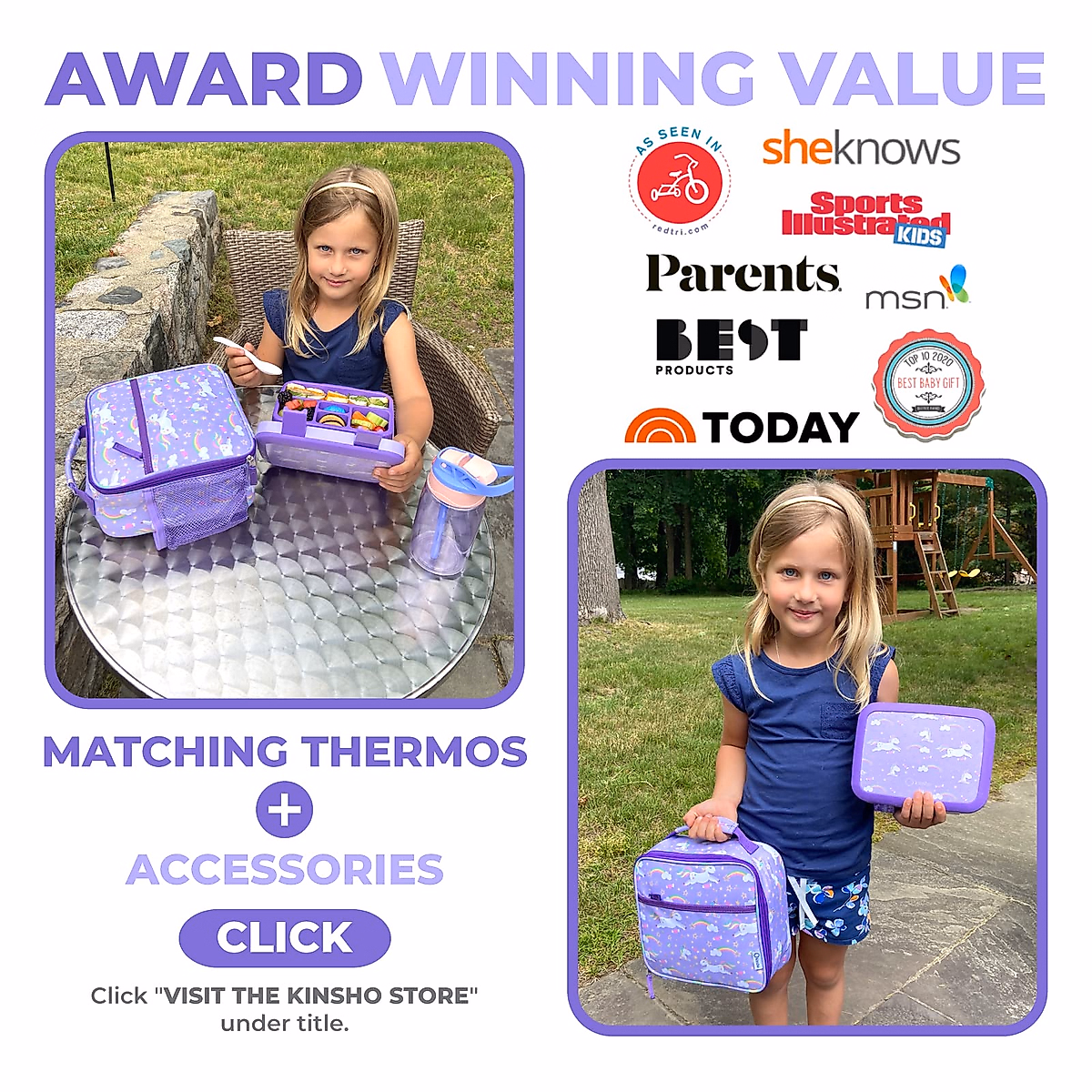 Bento Box with Insulated Lunch Bag, Ice Pack & Water Bottle Set for Kids - 5 Leakproof Compartments, Lunches or Snack Container Girls, Toddlers Daycare Pre-School, Kindergarten Purple Unicorn