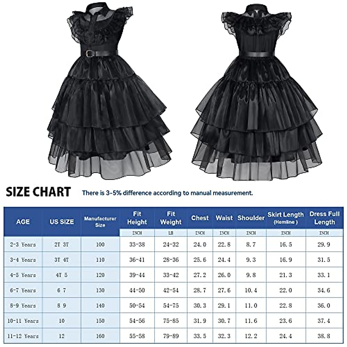 Wednesday Addams Dress Up Costume for Girls Birthday Halloween Cosplay Party with Wig Socks Belts 10-11 Years (150cm)