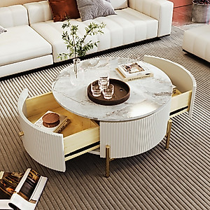 Merax Modern Round Coffee Table Set with 2 Large Drawers Storage Golden Metal Leg Circular Marble Pattern for Living Room Apartment（31.5''）, Off White