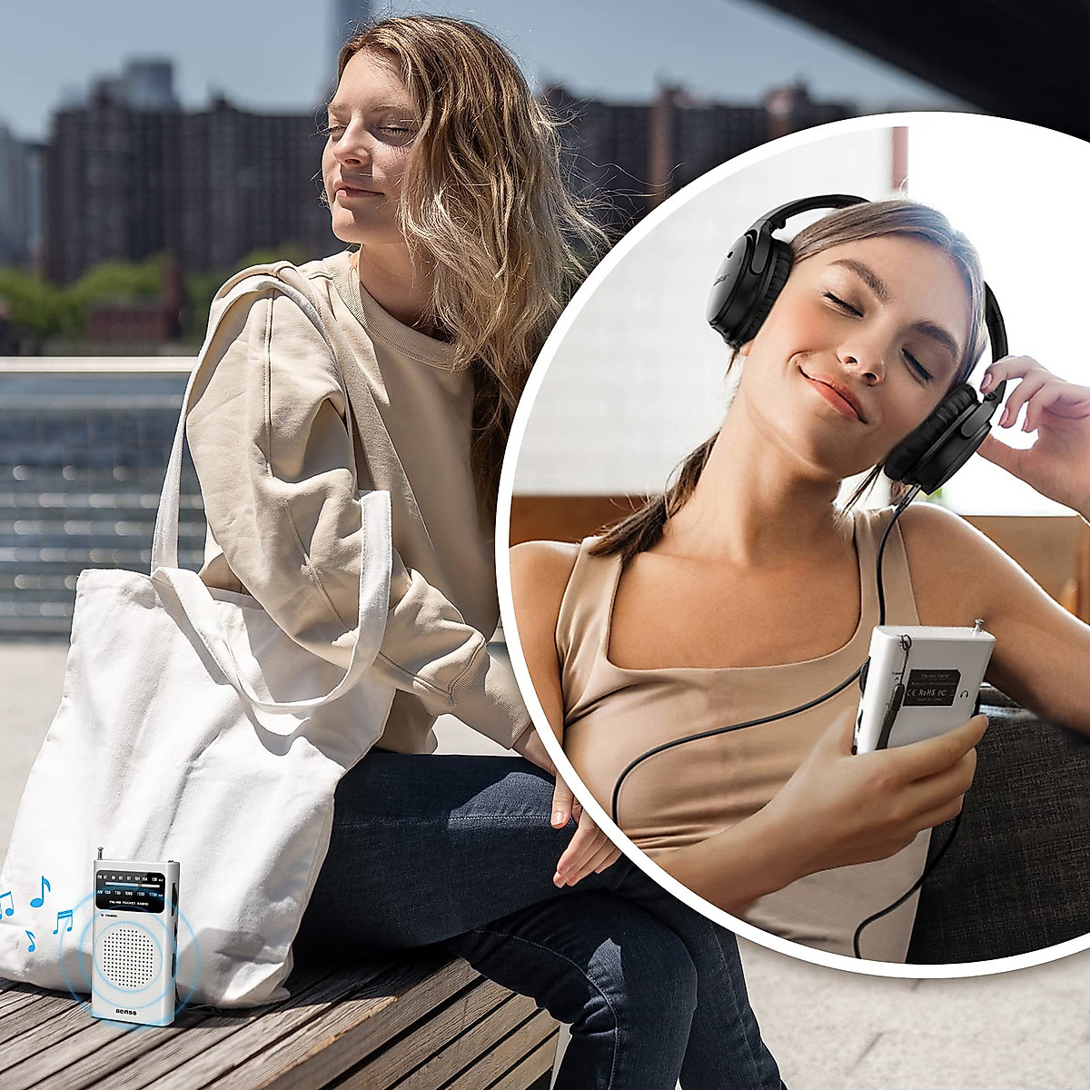 Benss Small Radios Portable AM FM, Transistor radios 2AA Battery Operated with Best Reception, Radio with Speaker & Headphone Jack, Pocket Radio for Indoor, Outdoor and Emergency Use(White)