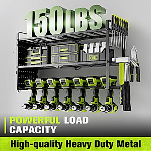 Power Tool Organizer Wall Mount With Pegboard - 7 Drill Holder - Garage Organization Storage Rack For Cordless Tool - Heavy Duty Metal Tool Shelf
